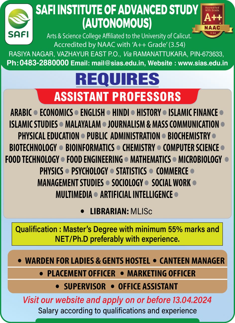 Careers | SAFI Institute of Advanced Study (Autonomous)